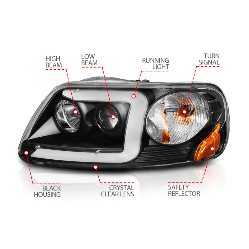 ANZO 1997-2003 Ford F-150 Projector Headlights w/ Light Bar Black Hous – SR1 Performance