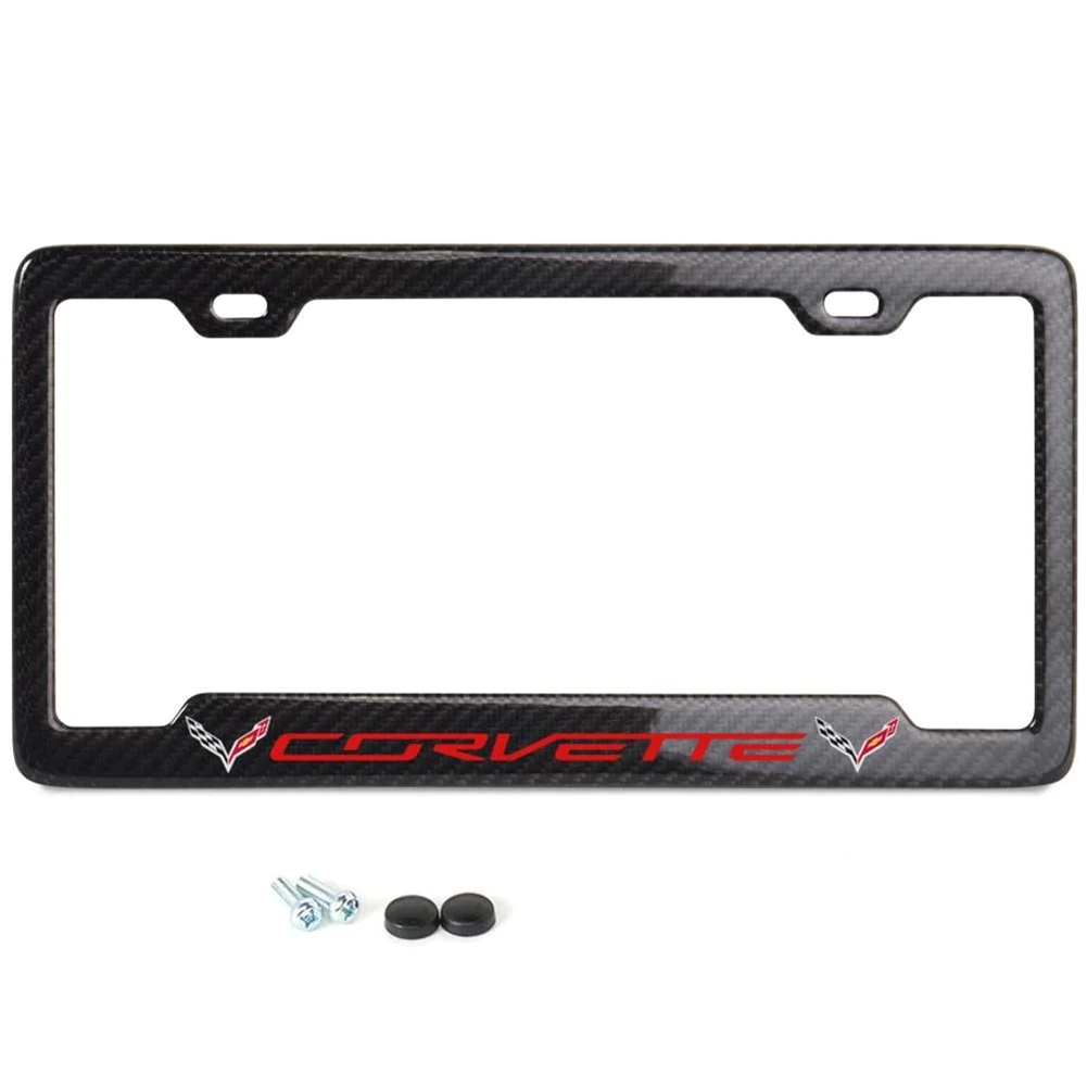 C7 Corvette Carbon Fiber License Plate Frame - Red Corvette Script wit ...